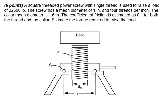 Solved (6 points) A square-threaded power screw with single | Chegg.com