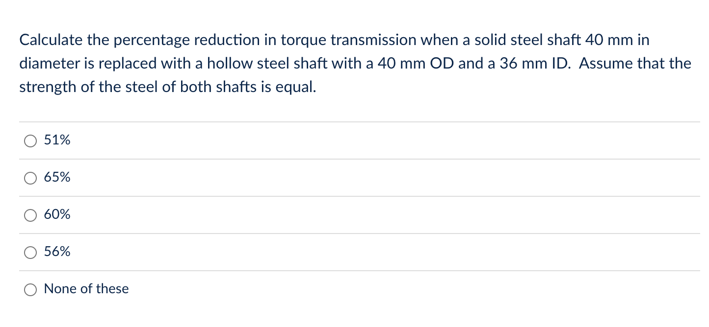 Solved Calculate the percentage reduction in torque | Chegg.com