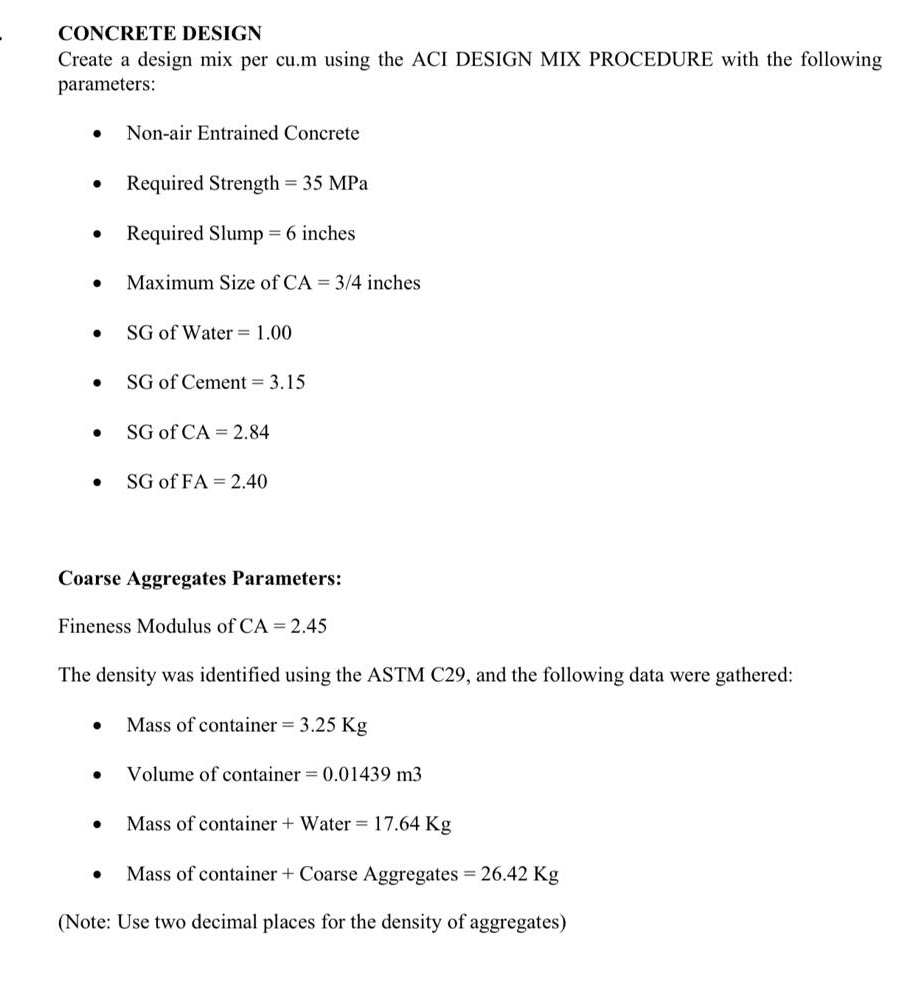 Solved CONCRETE DESIGN Create a design mix per cu.m using | Chegg.com