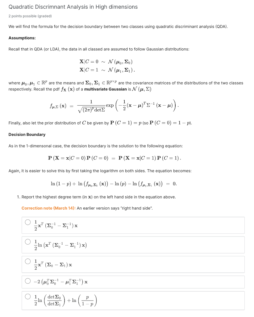 Solved Quadratic Discrimnant Analysis in High dimensions 2 | Chegg.com