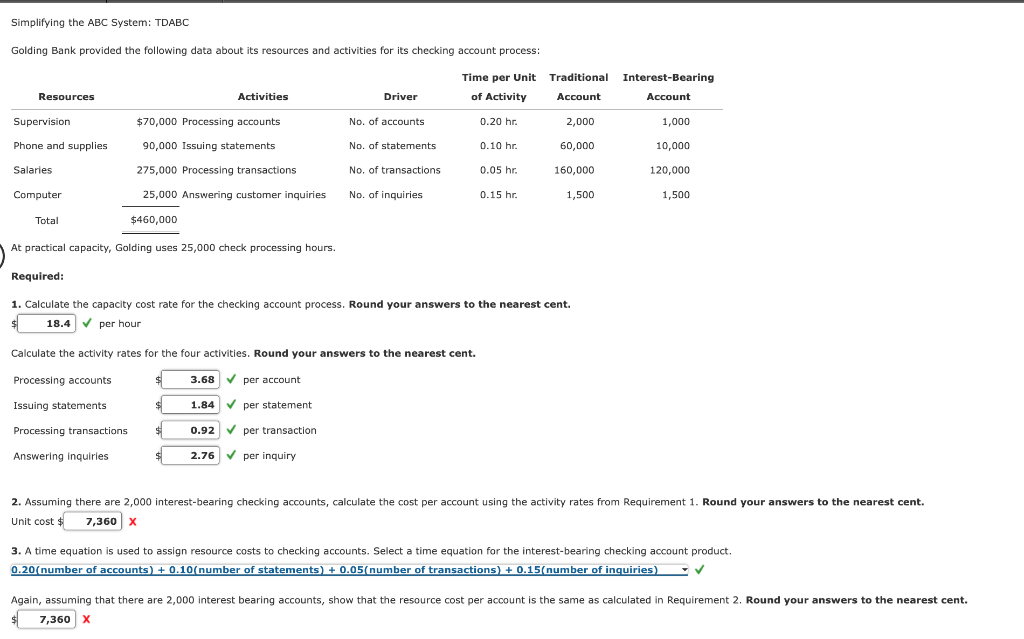 Solved Simplifying the ABC System: TDABC Golding Bank | Chegg.com