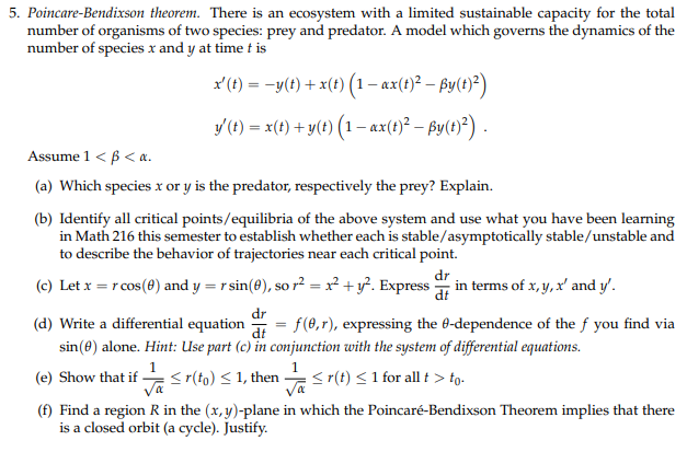 5. Poincare-Bendixson theorem. There is an ecosystem | Chegg.com