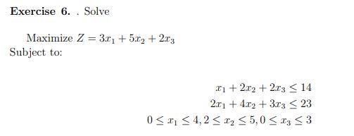 Solved Exercise 6. . Solve Maximize Z = 3x1 + 5x2 + 2x3 | Chegg.com