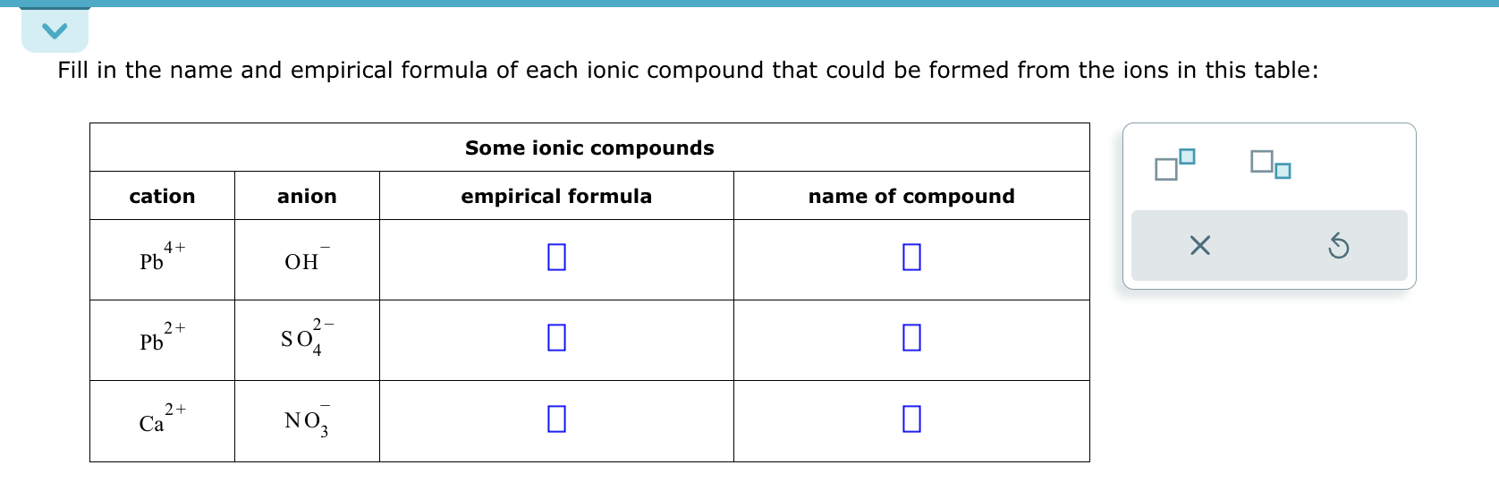 Solved Fill in the name and empirical formula of each ionic | Chegg.com