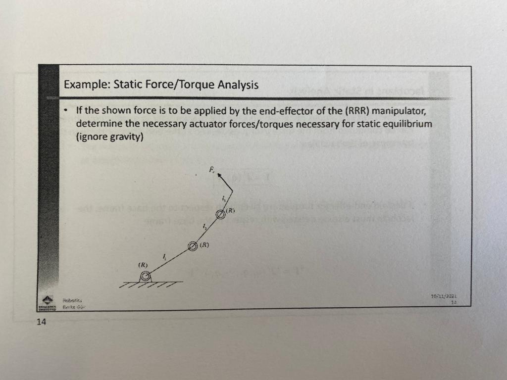 Solved Example: Static Force/Torque Analysis If the shown | Chegg.com