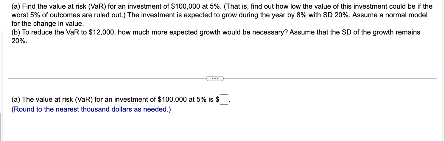 Solved (a) Find the value at risk (VaR) for an investment of | Chegg.com