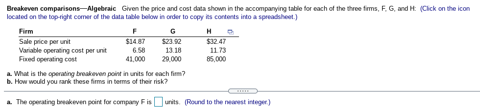 Solved Breakeven comparisons-Algebraic Given the price and | Chegg.com