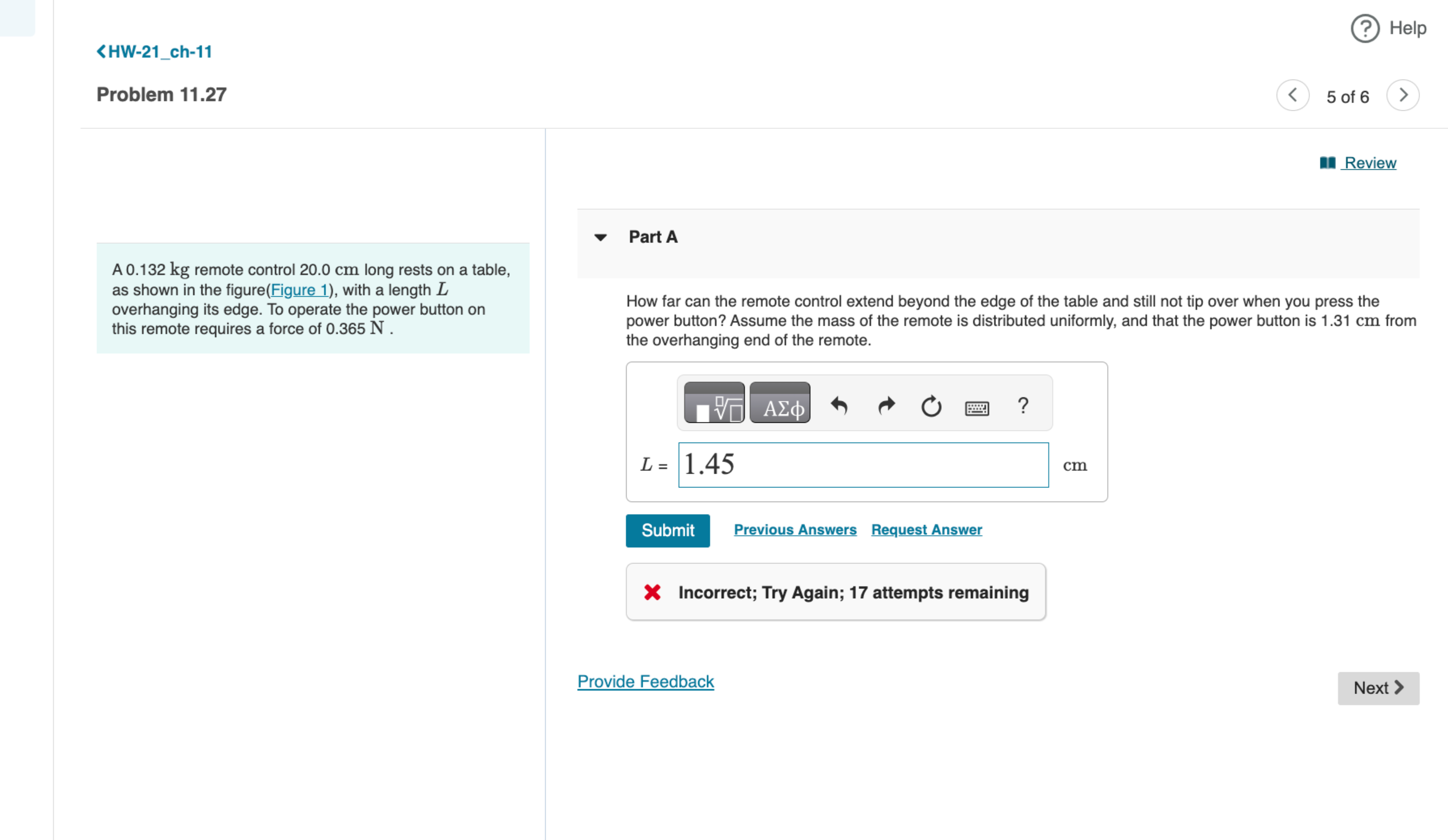Solved A 0.132kg ﻿remote control 20.0cm ﻿long rests on a | Chegg.com