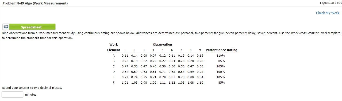 Solved Problem 8-49 Algo (Work Measurement) Question 6 of 6 | Chegg.com