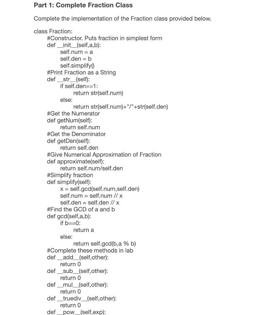 Solved Part 1: Complete Fraction Class Complete the | Chegg.com