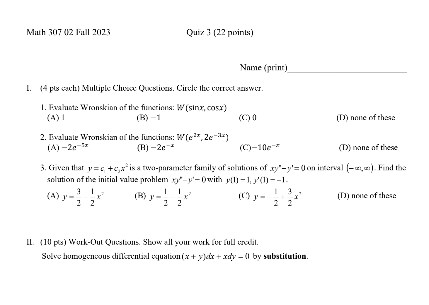 I. (4 pts each) Multiple Choice Questions. Circle the | Chegg.com