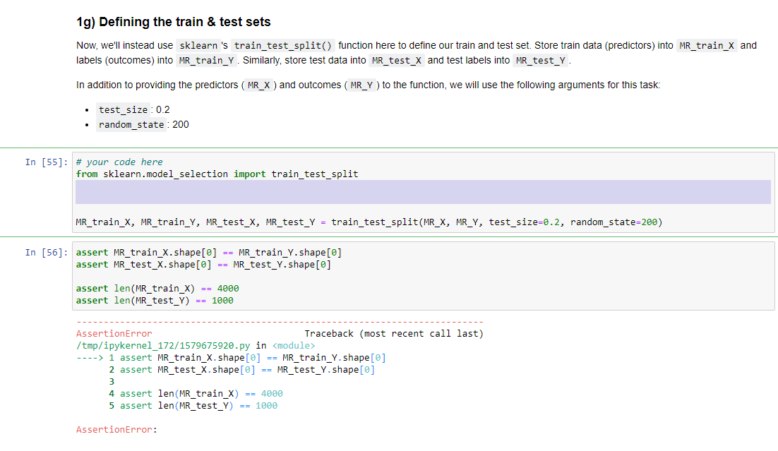 Solved 1g) Defining the train \& test sets Now, we'll | Chegg.com