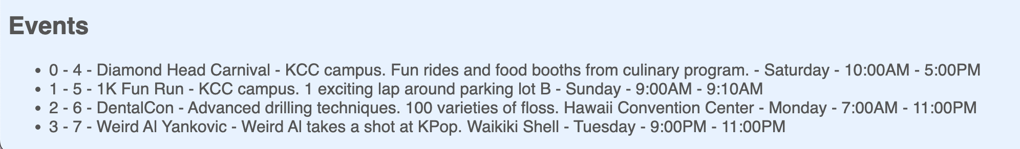 Solved Events - 0 - 4 - Diamond Head Carnival - KCC campus. | Chegg.com