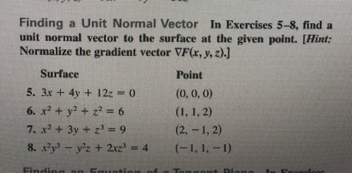 Solved Finding a Unit Normal Vector In Exercises 5-8, find a | Chegg.com