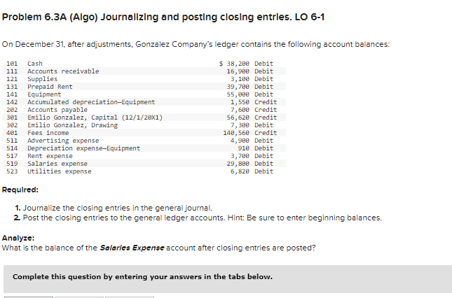 Solved Problem 6.3A (Algo) Journallzing and posting closing | Chegg.com