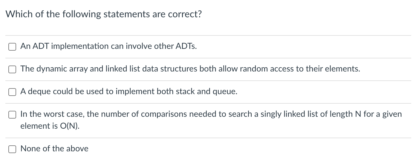Solved Which of the following statements are correct? An ADT | Chegg.com