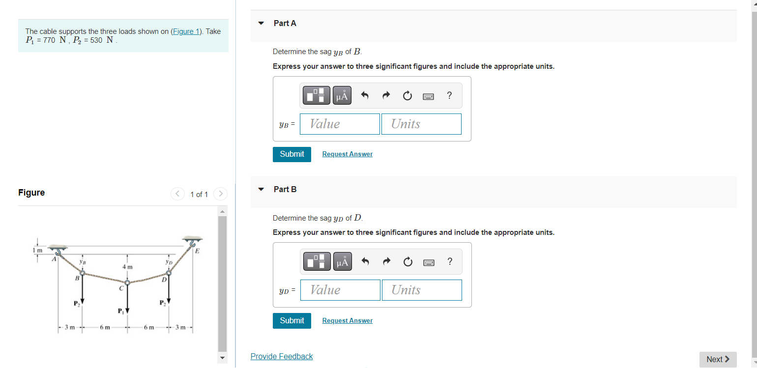 Solved The cable supports the three loads shown on P1=770 | Chegg.com
