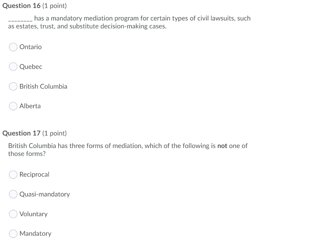 Solved Question 16 (1 point) has a mandatory mediation | Chegg.com