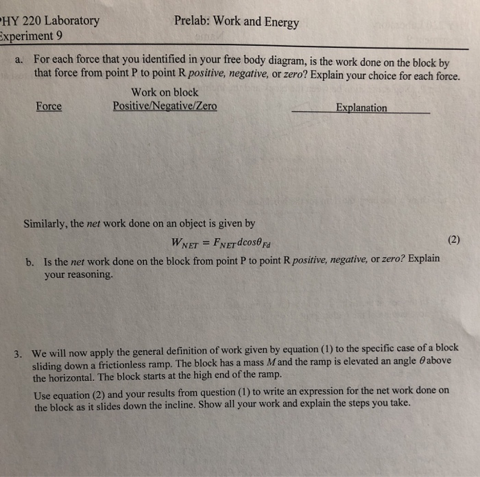 Solved Prelab: Work and Energy HY 220 Laboratory xperiment 9 | Chegg.com