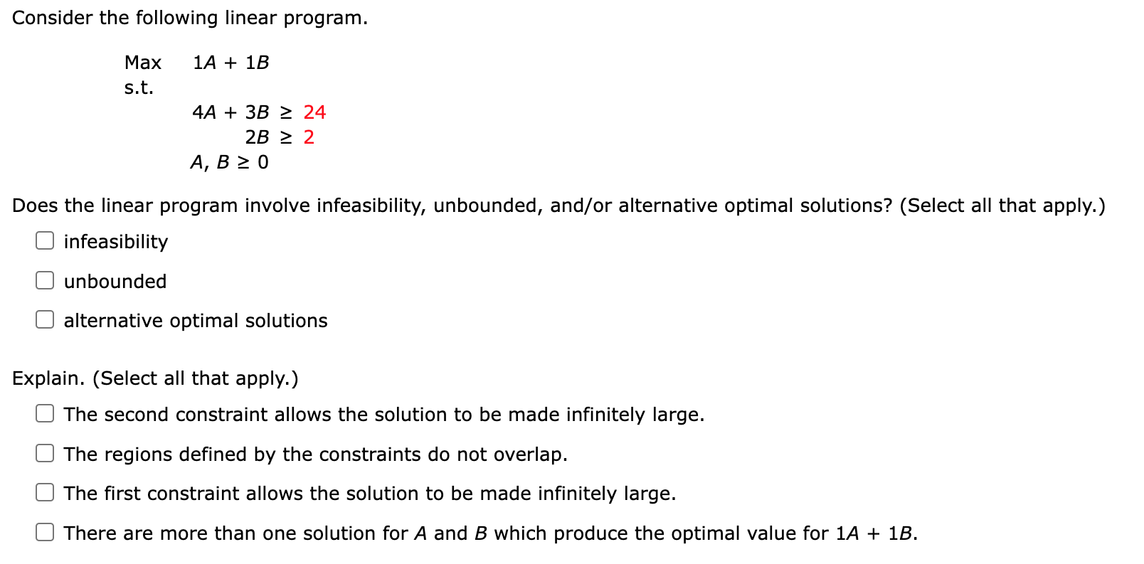 Solved Consider the following linear program. Max1A+1B s.t. | Chegg.com