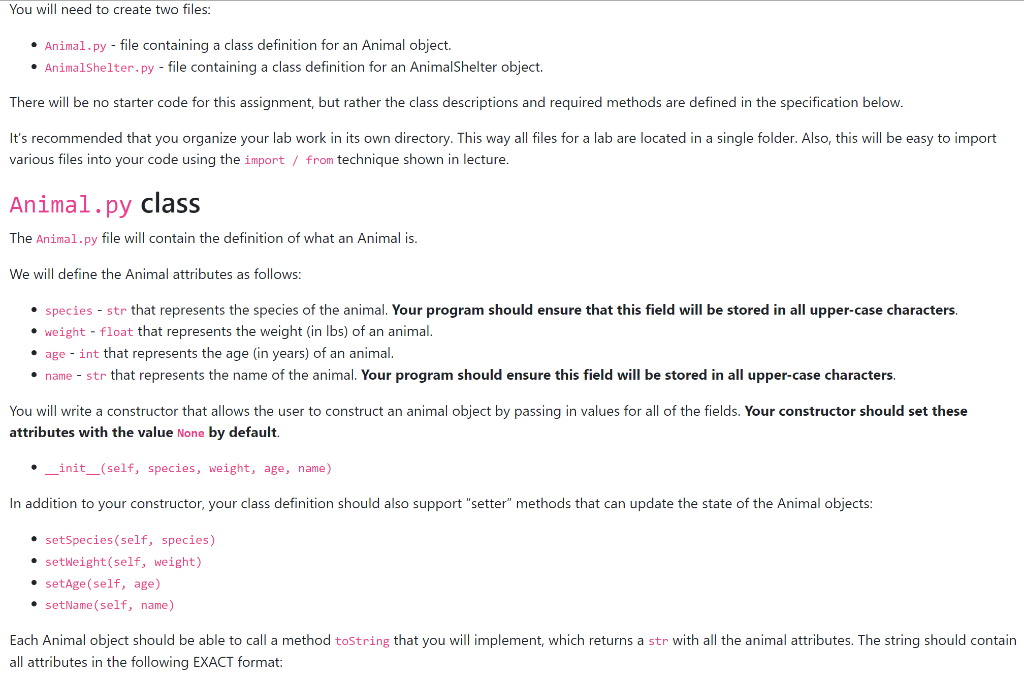 Solved You will need to create two files: - Animal. py - | Chegg.com