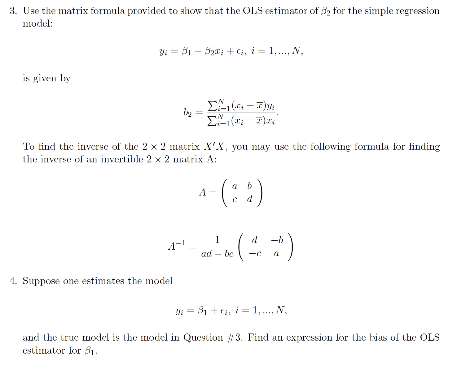 Solved Use the matrix formula provided to show that the OLS | Chegg.com