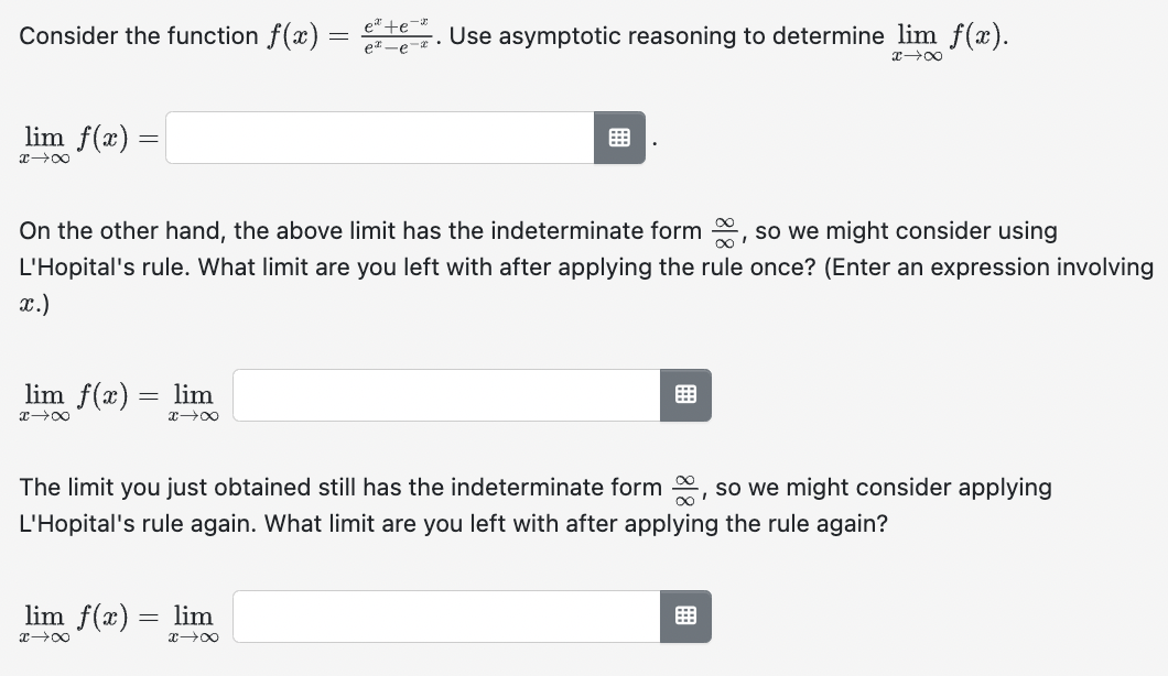 Solved Consider the function f(x)=ex+e-xex-e-x. ﻿Use | Chegg.com