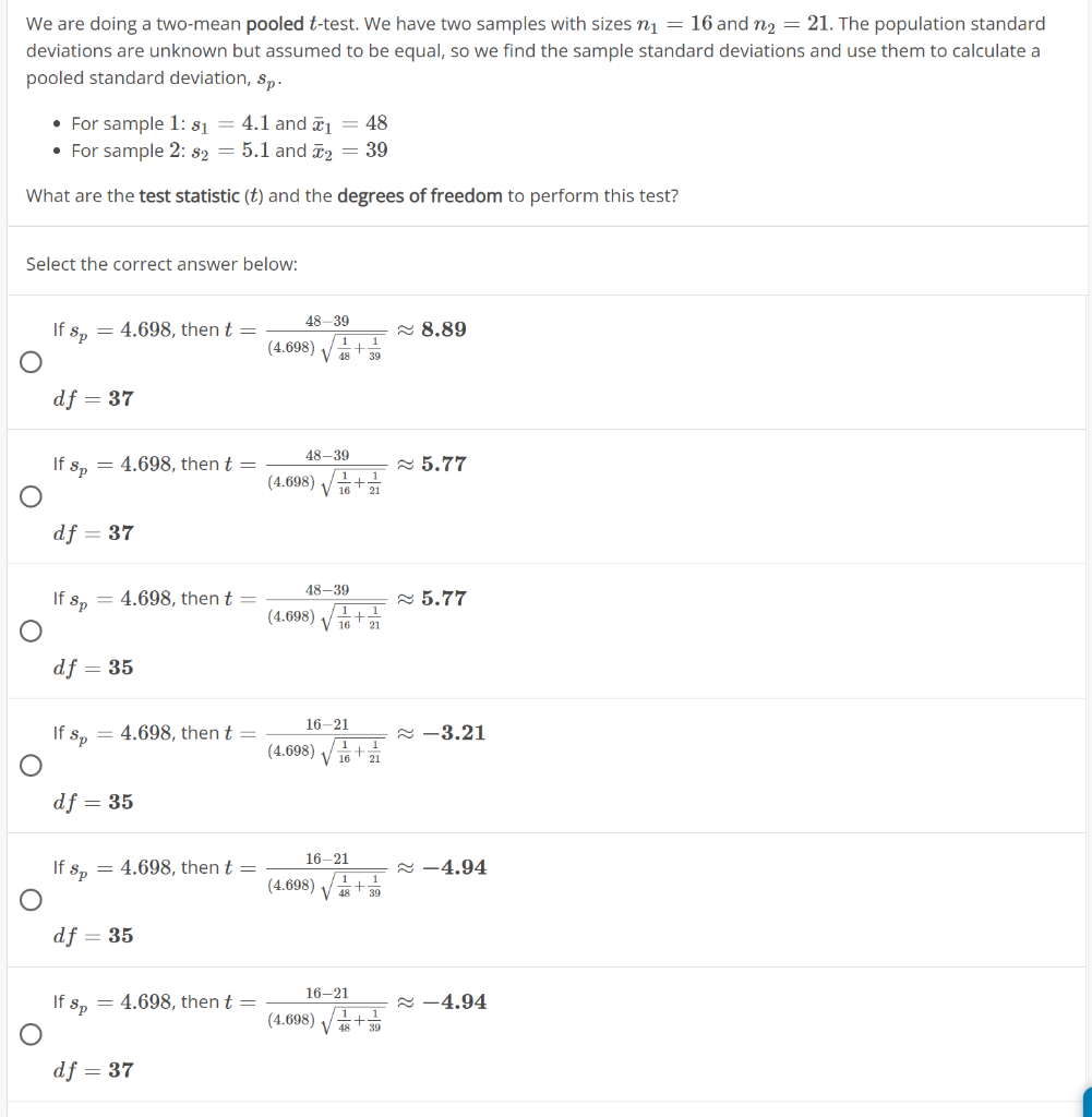 Solved We are doing a two-mean pooled t-test. We have two | Chegg.com