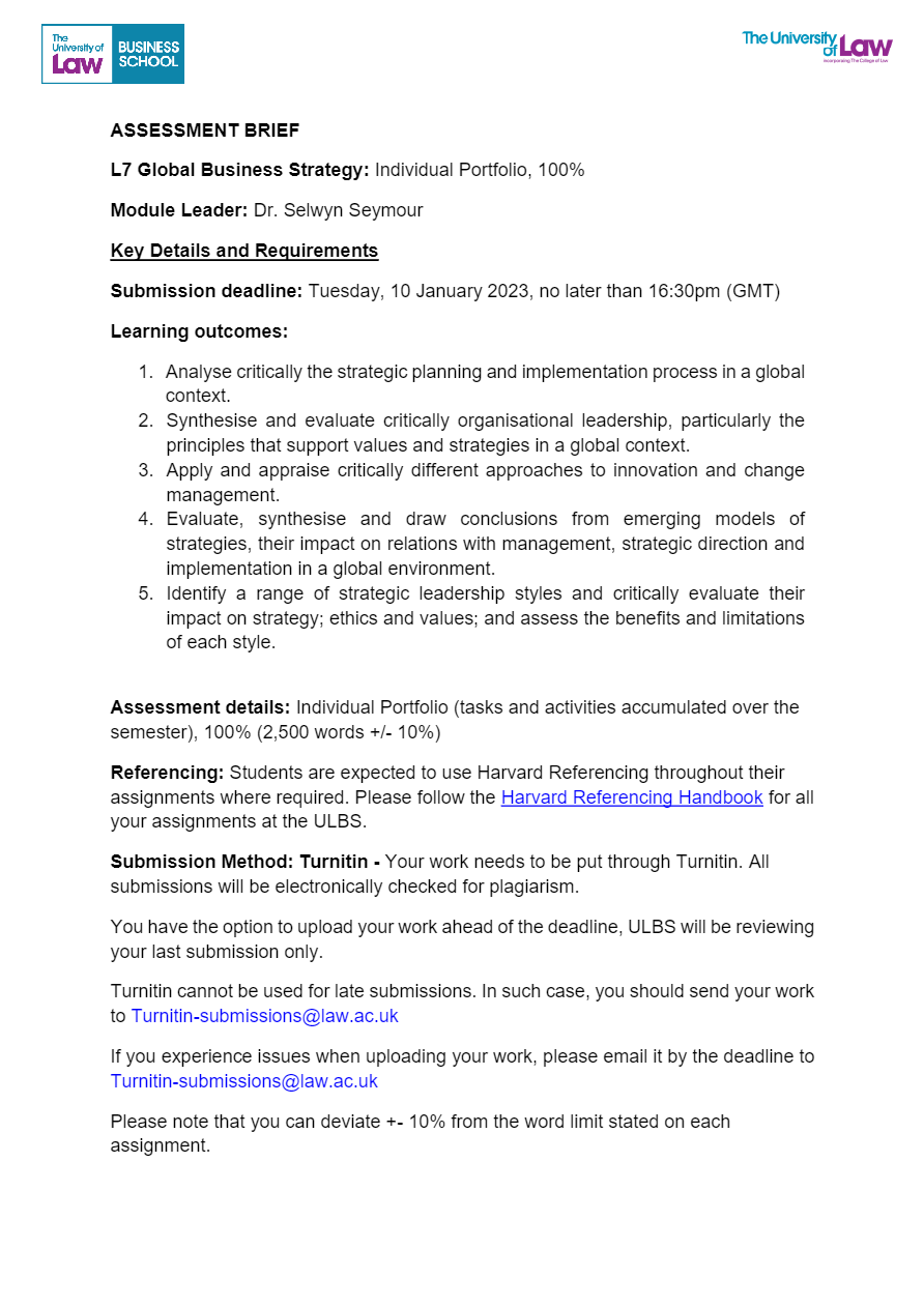 [Solved]: The University ASSESSMENT BRIEF L7 Global Busine