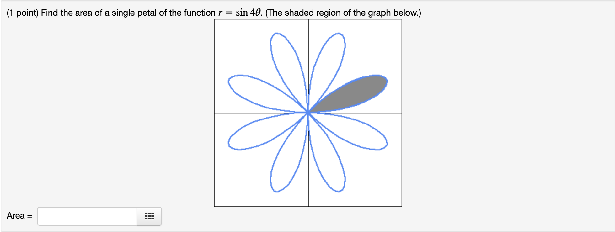 Solved (1 point) Find the area of a single petal of the | Chegg.com