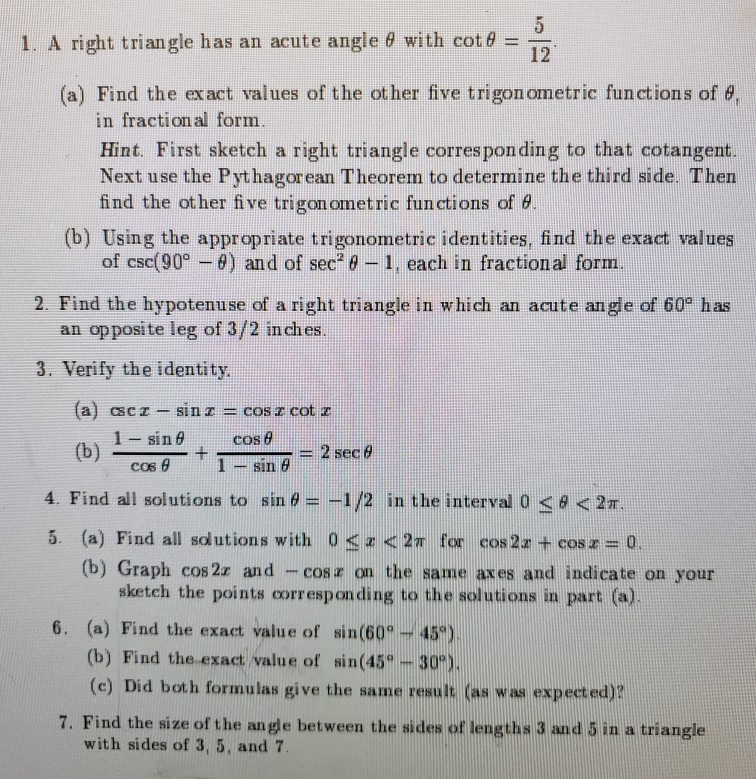 Solved I. A right triangle has an acute angle θ with cot θ | Chegg.com