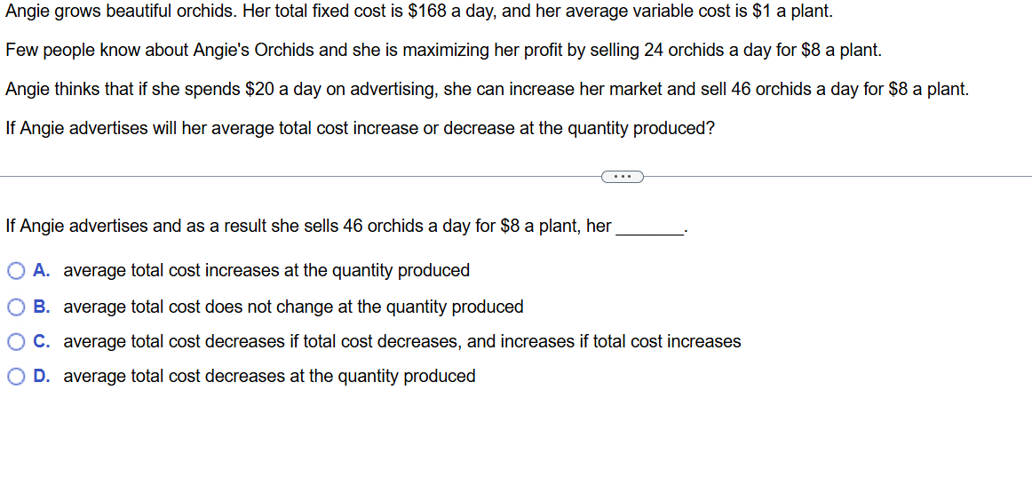 Solved Angie grows beautiful orchids. Her total fixed cost | Chegg.com