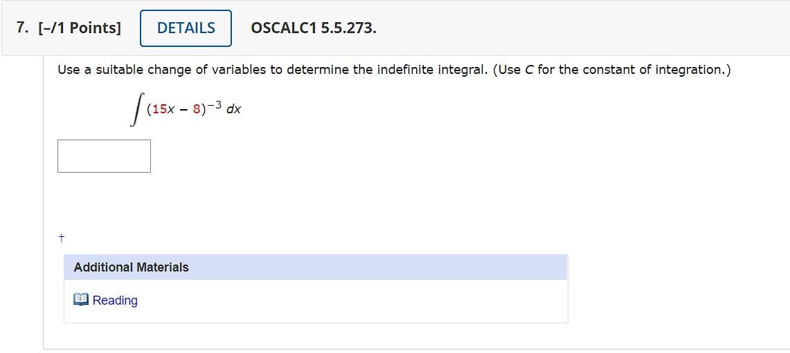 Solved ∫(15x−8)−3dx | Chegg.com