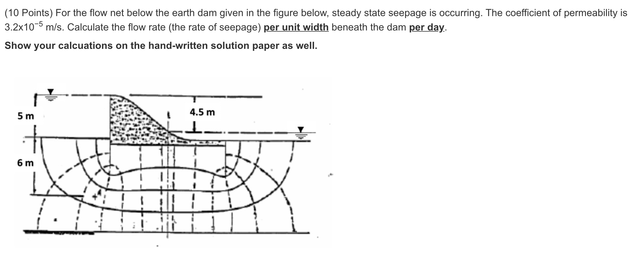 Solved (10 Points) For the flow net below the earth dam | Chegg.com
