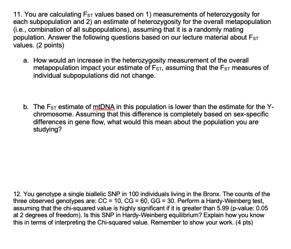 11. You are calculating Fst Values based on 1) | Chegg.com