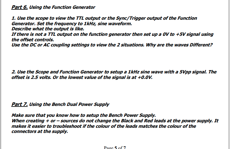 Solved Part 6, Using the Function Generator 1. Use the scope | Chegg.com