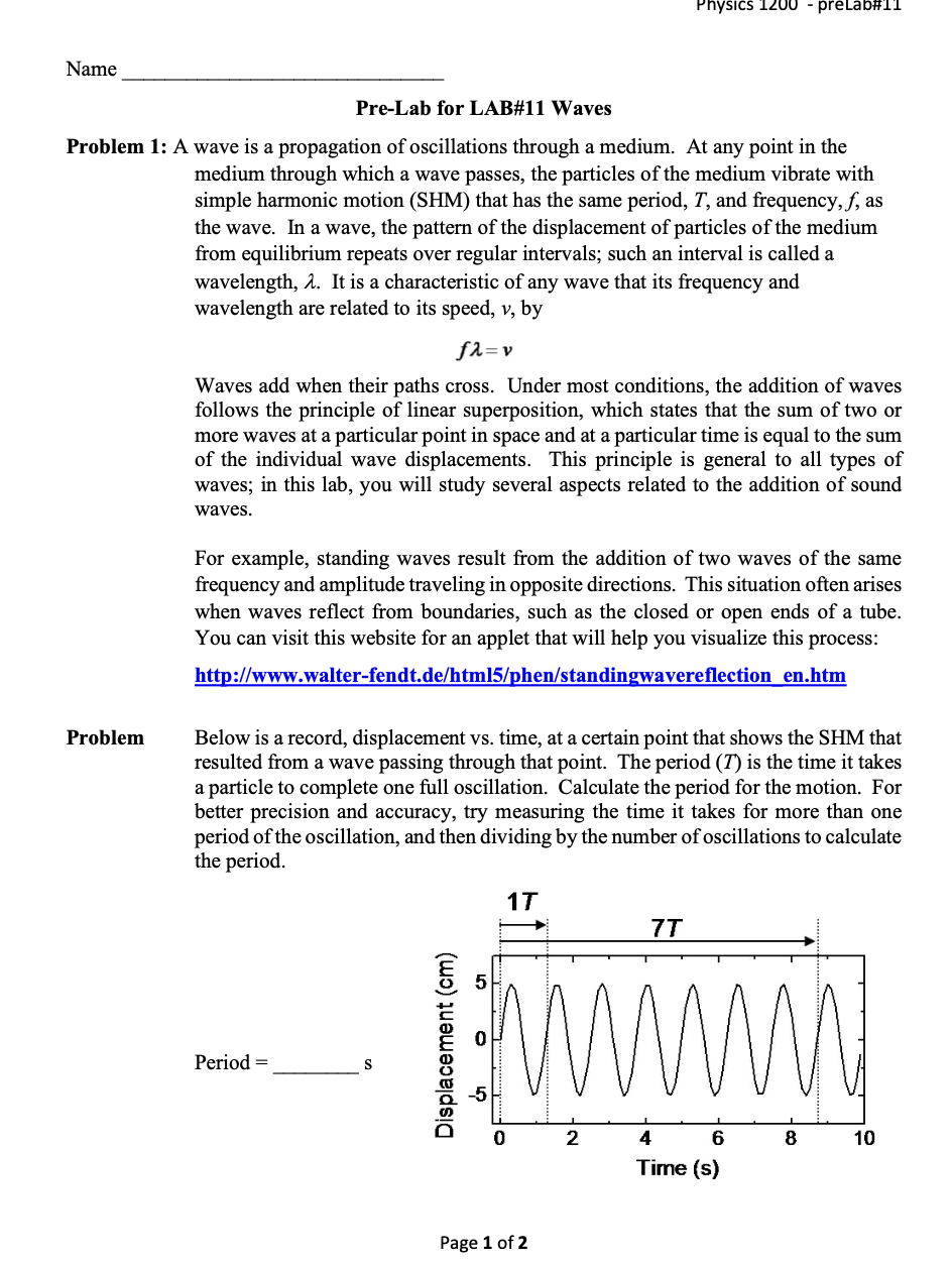 Solved Physics 1200 - preLab#11 Name Pre-Lab for LAB#11 | Chegg.com