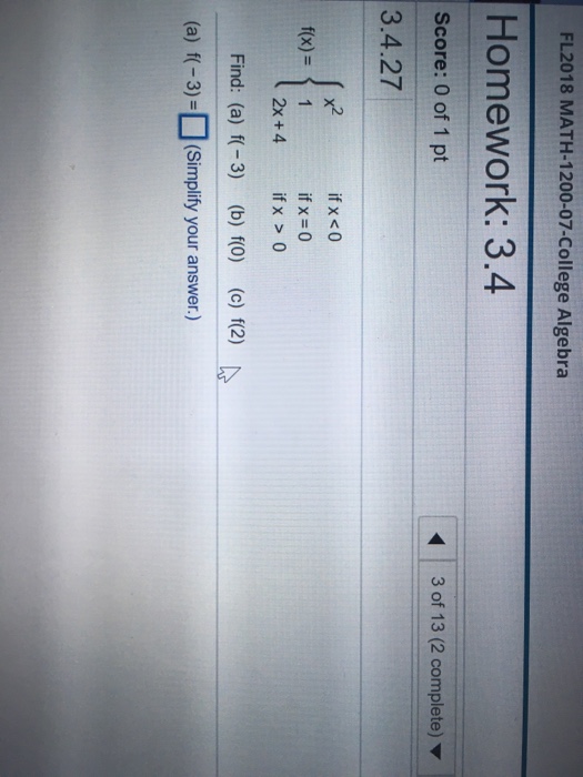 Solved FL2018 MATH-1200-07-College Algebra Homework: 3.4 | Chegg.com