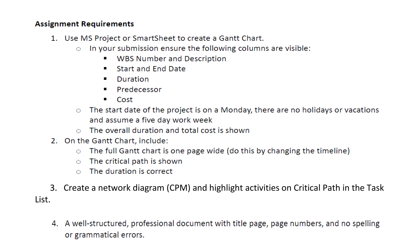 о 1 1 Assignment Requirements 1. Use MS Project or | Chegg.com