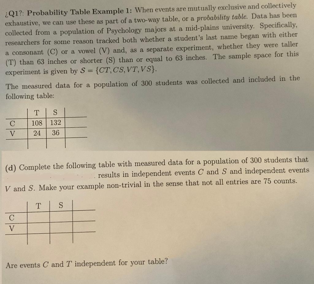 Solved ¿Q1?: Probability Table Example 1: When events are | Chegg.com