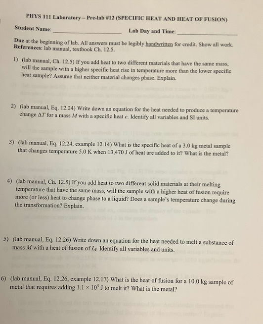Solved PHYS 111 Laboratory - Pre-lab #12 (SPECIFIC HEAT AND | Chegg.com