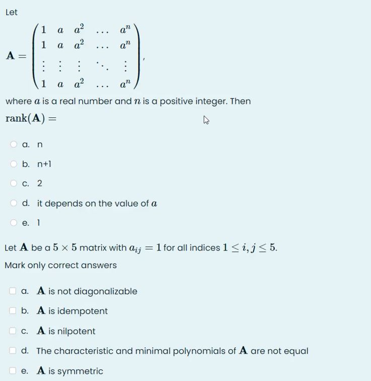 Solved Let A=⎝⎛11⋮1aa⋮aa2a2⋮a2……⋱…anan⋮an⎠⎞ where a is a | Chegg.com