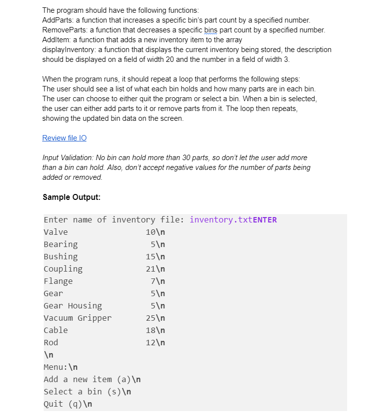 Solved Exercise - Inventory Bins Write a program that | Chegg.com