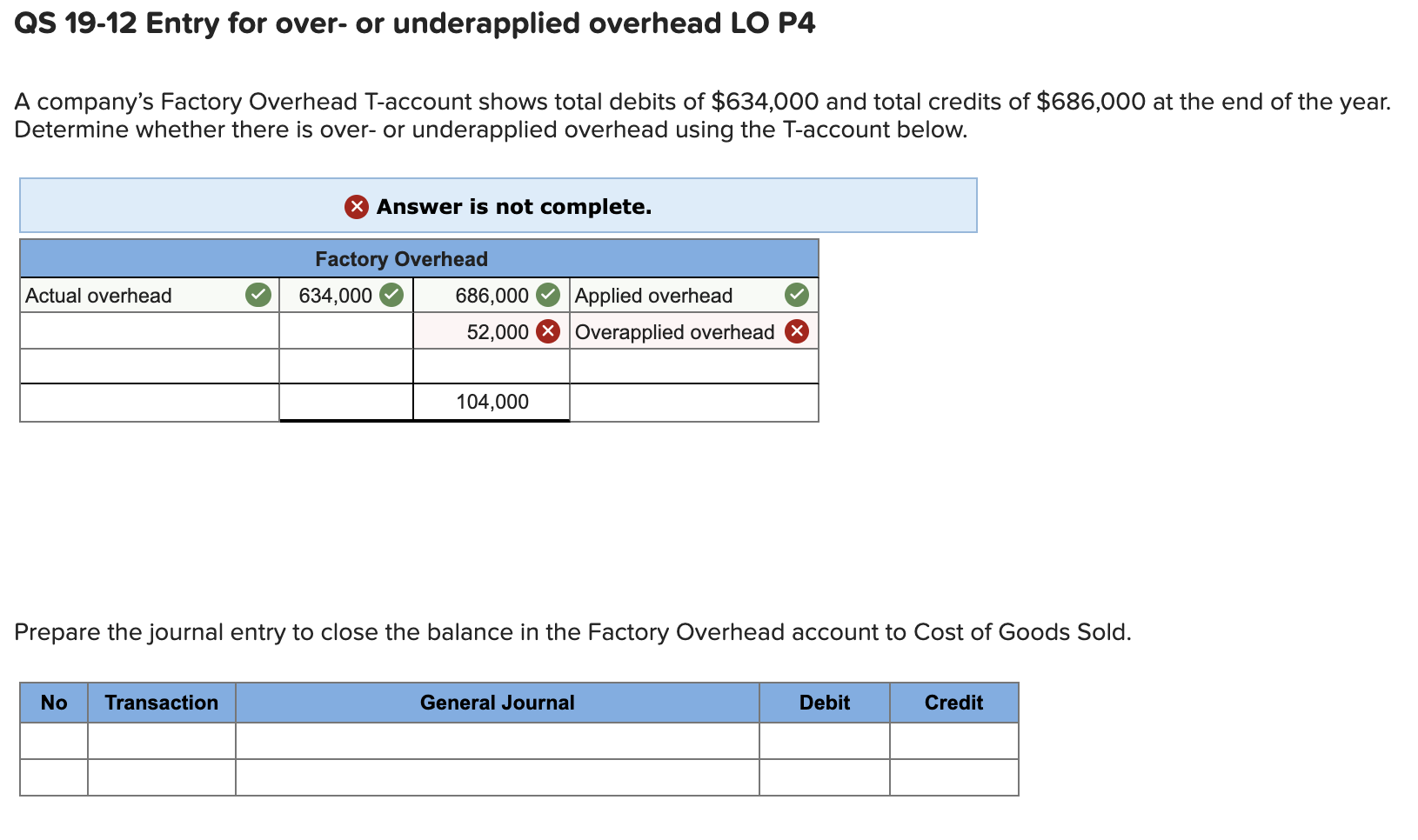 Solved QS 19-12 Entry for over- or underapplied overhead LO | Chegg.com