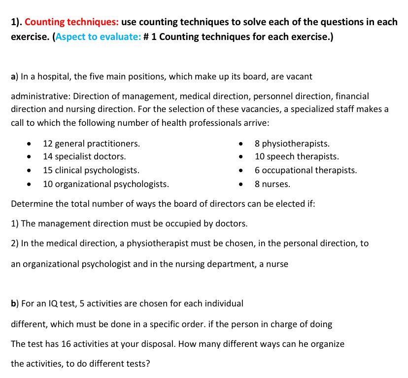 Solved 1). Counting techniques: use counting techniques to | Chegg.com
