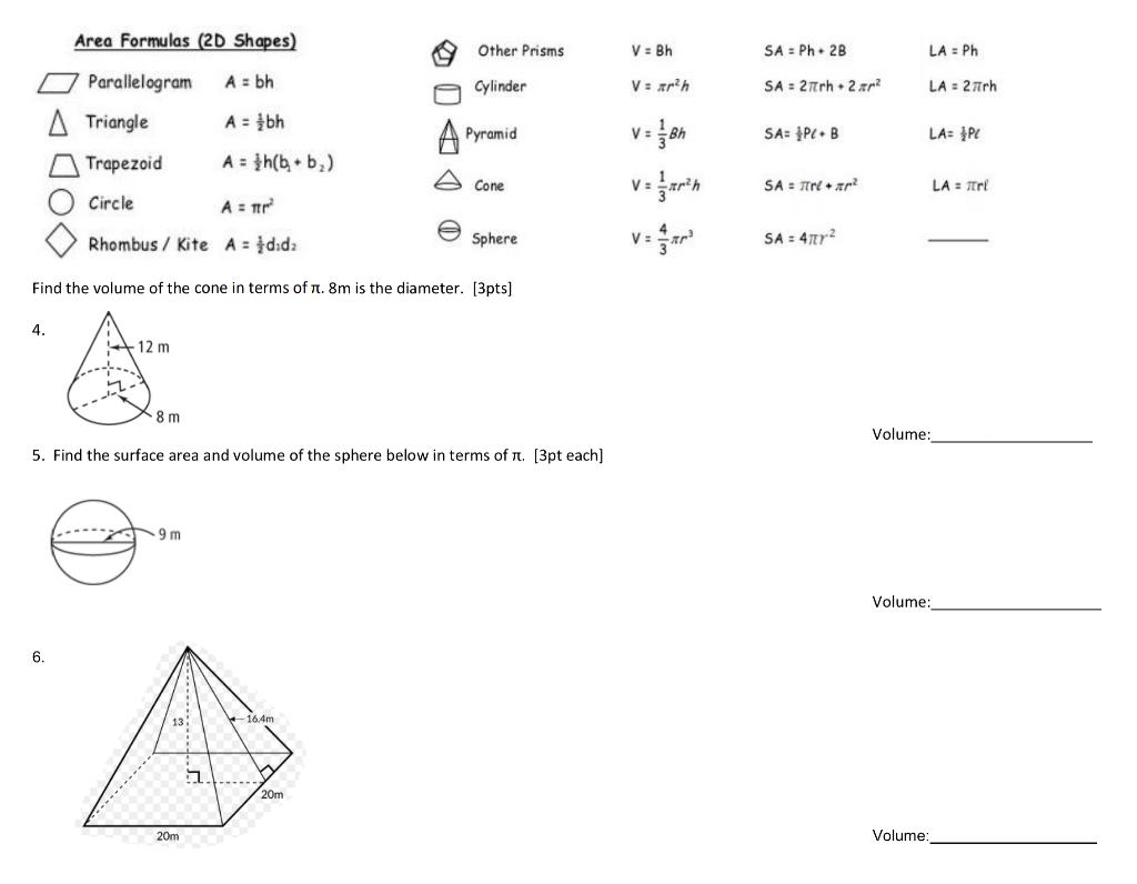 Surface Area Formula Sheet