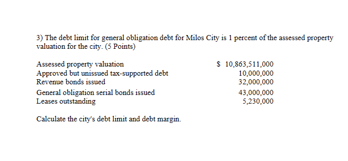 Solved 3) The debt limit for general obligation debt for | Chegg.com