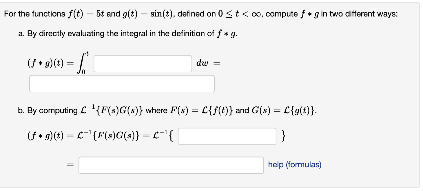 Solved For the functions f(t)=5t ﻿and g(t)=sin(t), ﻿defined | Chegg.com