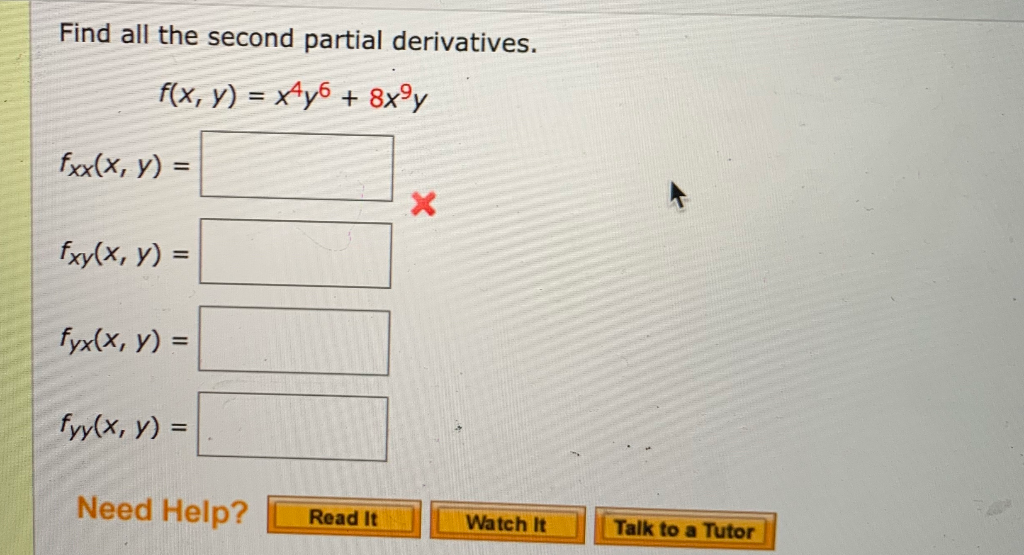 Solved Find all the second partial derivatives. f(x, y) = | Chegg.com