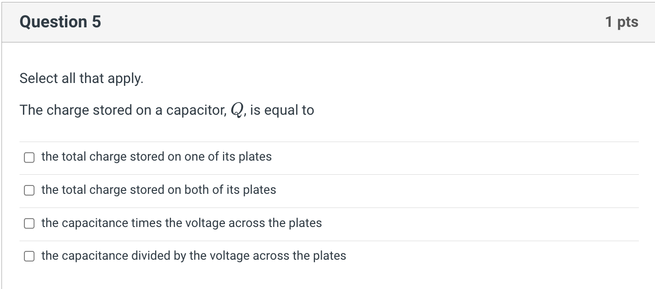 Solved Select all that apply. The charge stored on a | Chegg.com
